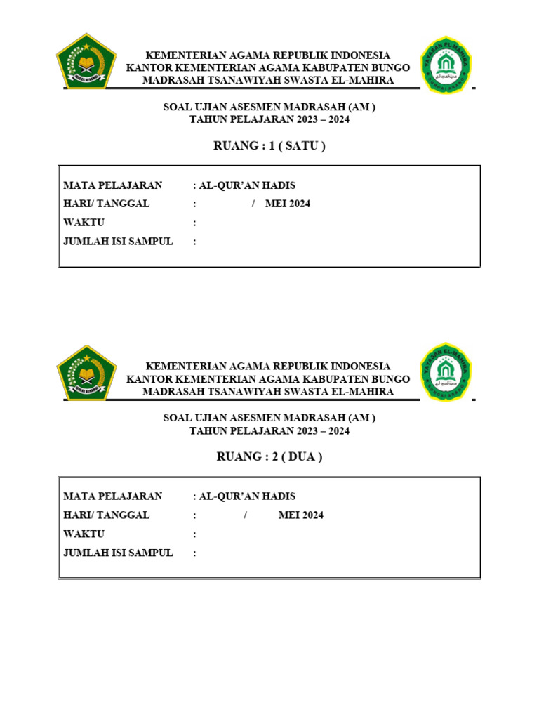 Sampul Soal Ujian Madrasah 2024 | PDF | Agama & Spiritualitas