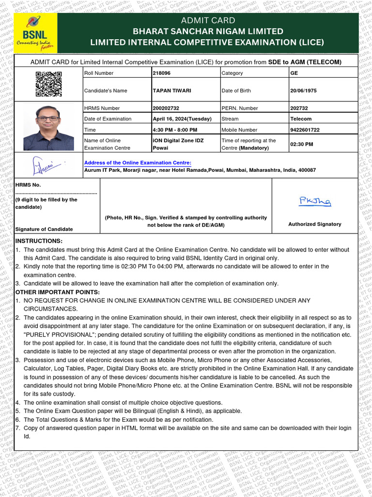 Admit Card LICE - Tapan | PDF | Biometrics