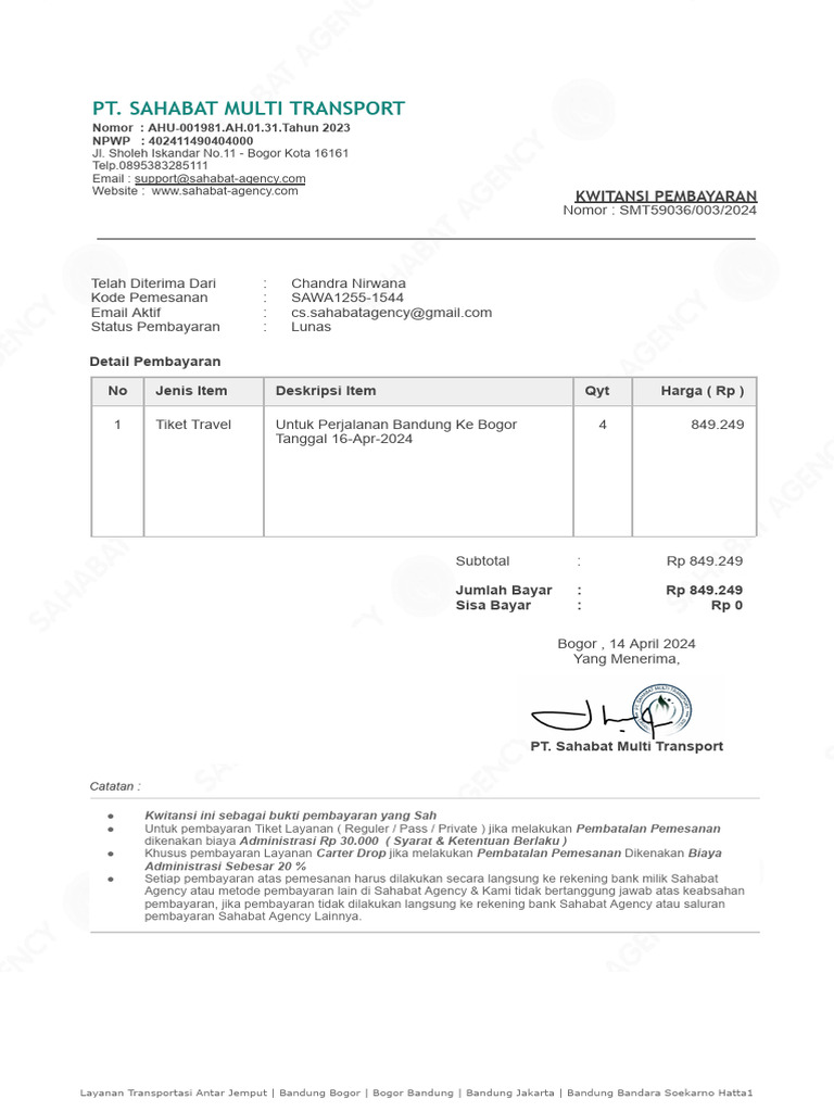 Kwitansi Pembayaran Tiket Travel | PDF