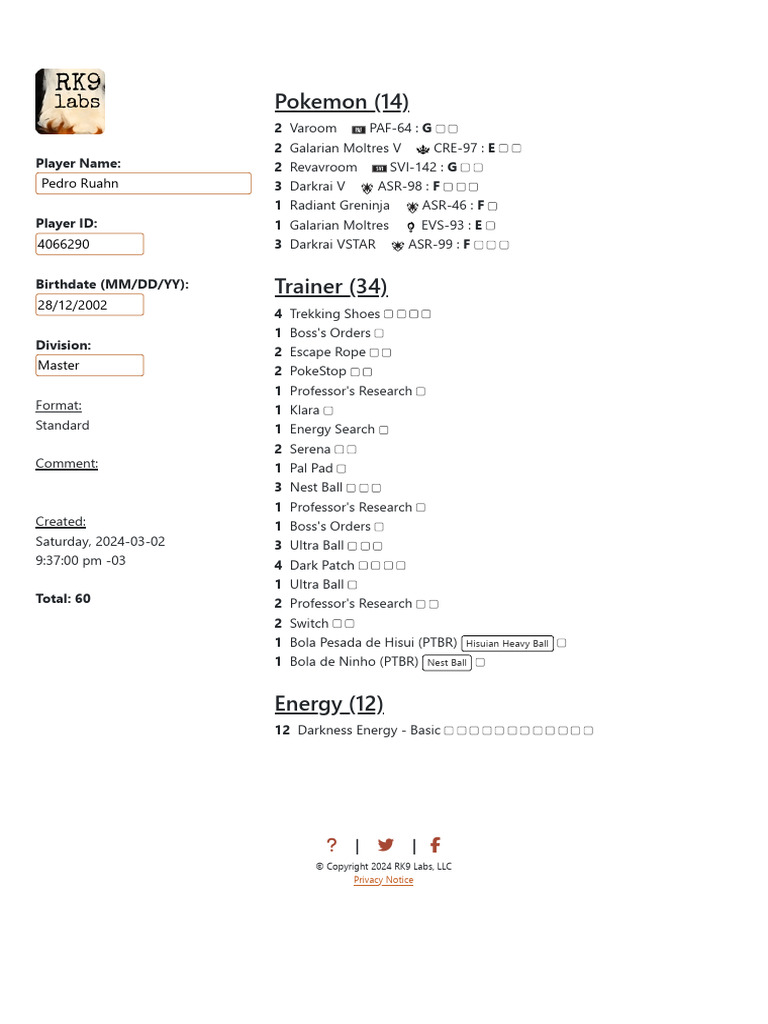 Player Deck List - RK9 Labs | PDF