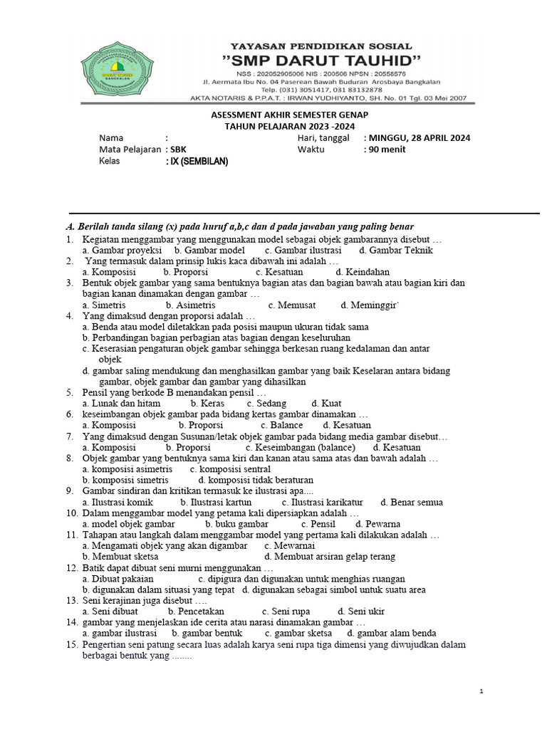 Soal PAS Kelas 9 SBK | PDF | Metode & Bahan Ajar