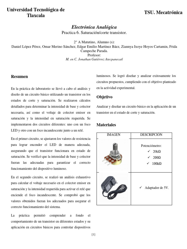 Practica 6. Transistor en Corte y Saturacion | PDF | Transistor | Red eléctrica