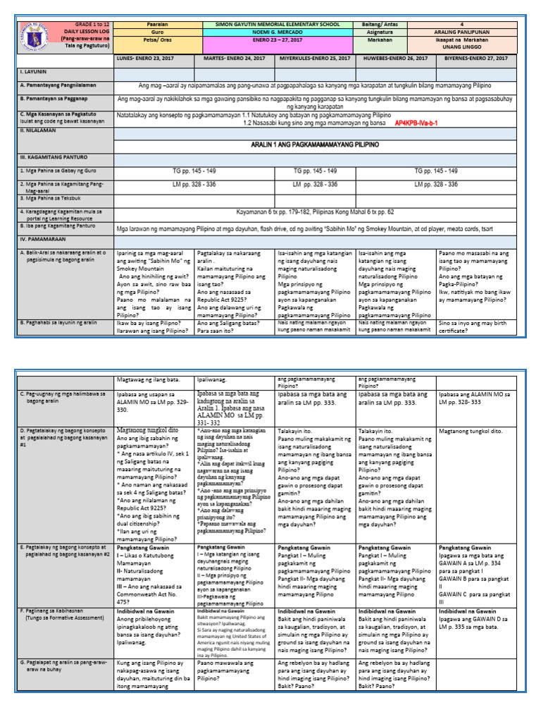 DLL in Ap 4 Week 1 Quarter 4 The K To 12 Way | PDF