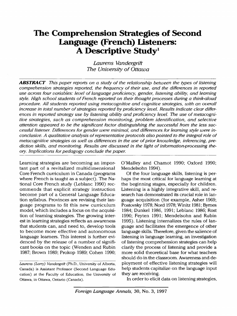 Vandergrift 1997 Pdf Metacognition Reading Comprehension