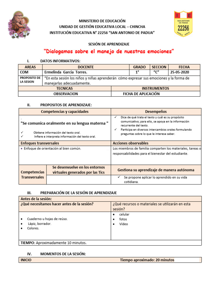 Sesión Dialogamos Sobre El Manejo de Nuestras Emociones. | Descargar gratis PDF | Aprendizaje ...