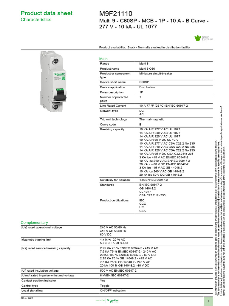 Product Data Sheet: Multi 9 - C60SP - MCB - 1P - 10 A - B Curve - 277 V ...