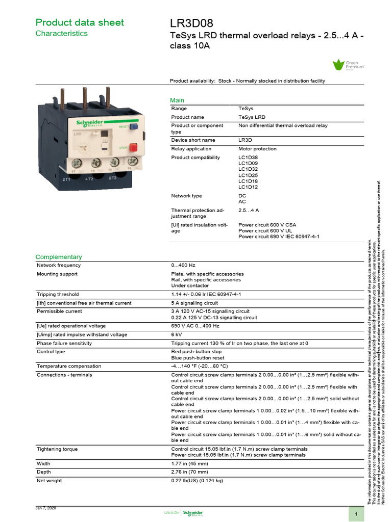 Product Data Sheet: Tesys LRD Thermal Overload Relays - 2.5... 4 A ...