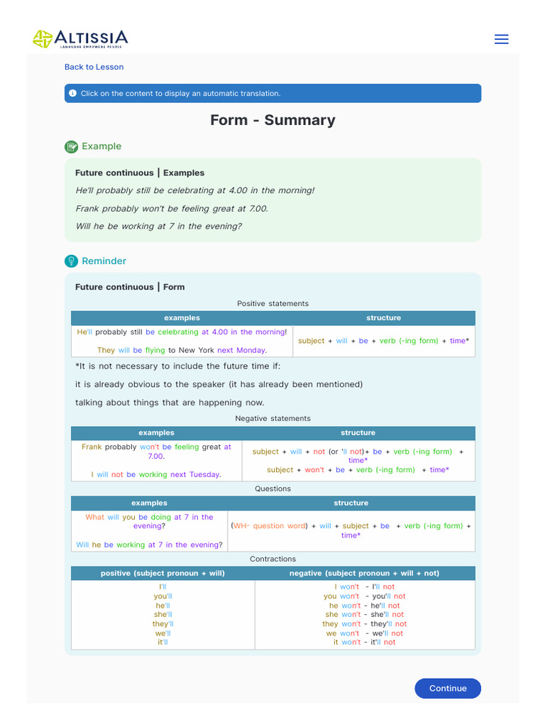 Future Continuous - Form - Summary | PDF | Linguistics | Grammar