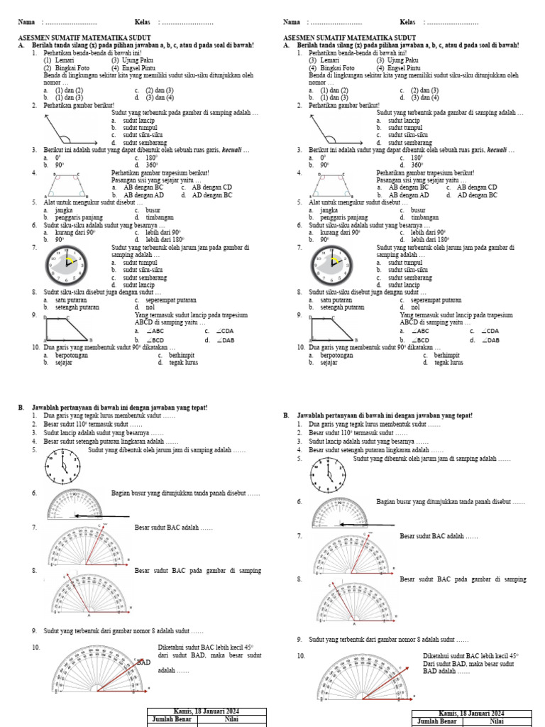 Asesmen Sumatif MTK Bab 1 Sudut Kelas 5 | PDF