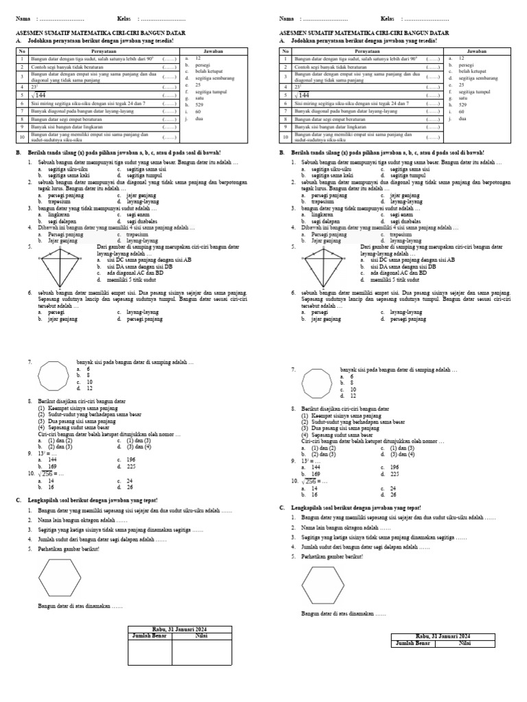Asesmen Sumatif MTK Bab 2 Ciri2 Bangun Datar Kelas 5 | PDF