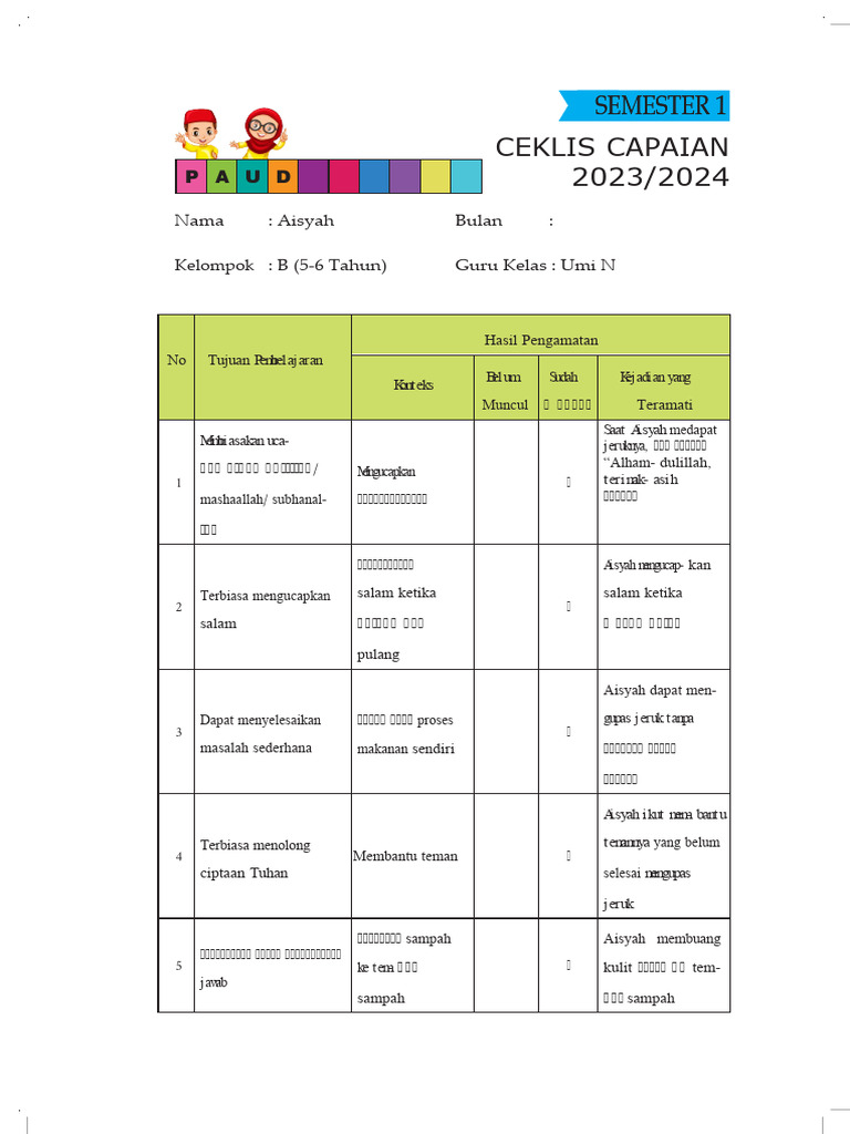 Ceklis Skala Capaian Paud | PDF