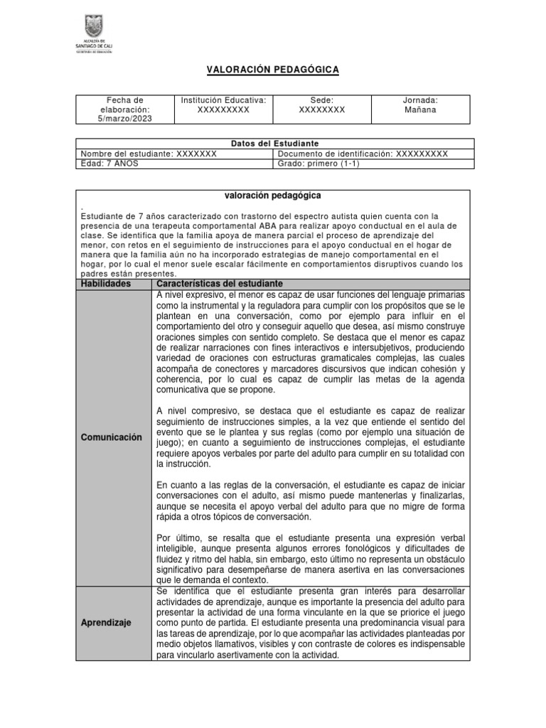 Modelo Valoración Pedagógica | PDF | Memoria | Aprendizaje