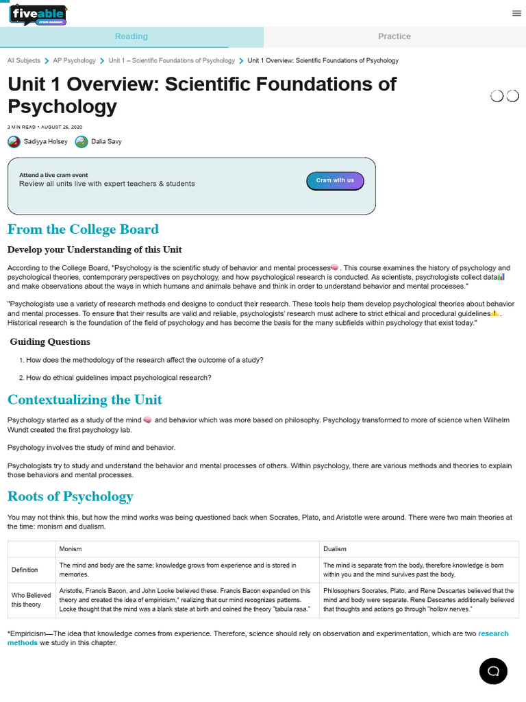 Unit 1.0 Overview - Scientific Foundations of Psychology - AP Psych ...