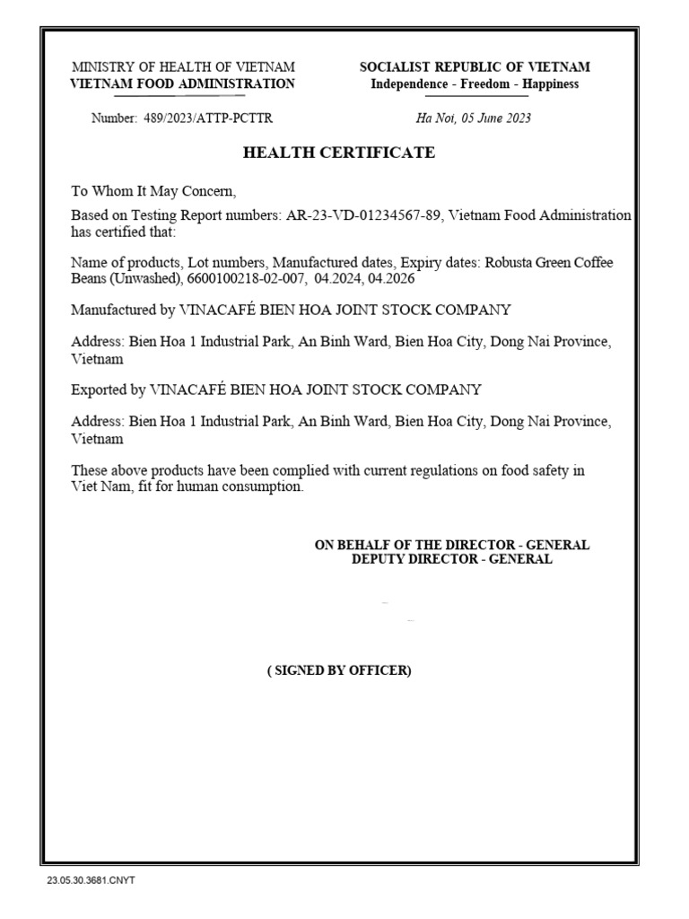 Health Certificate | PDF | Vietnam | Food Industry