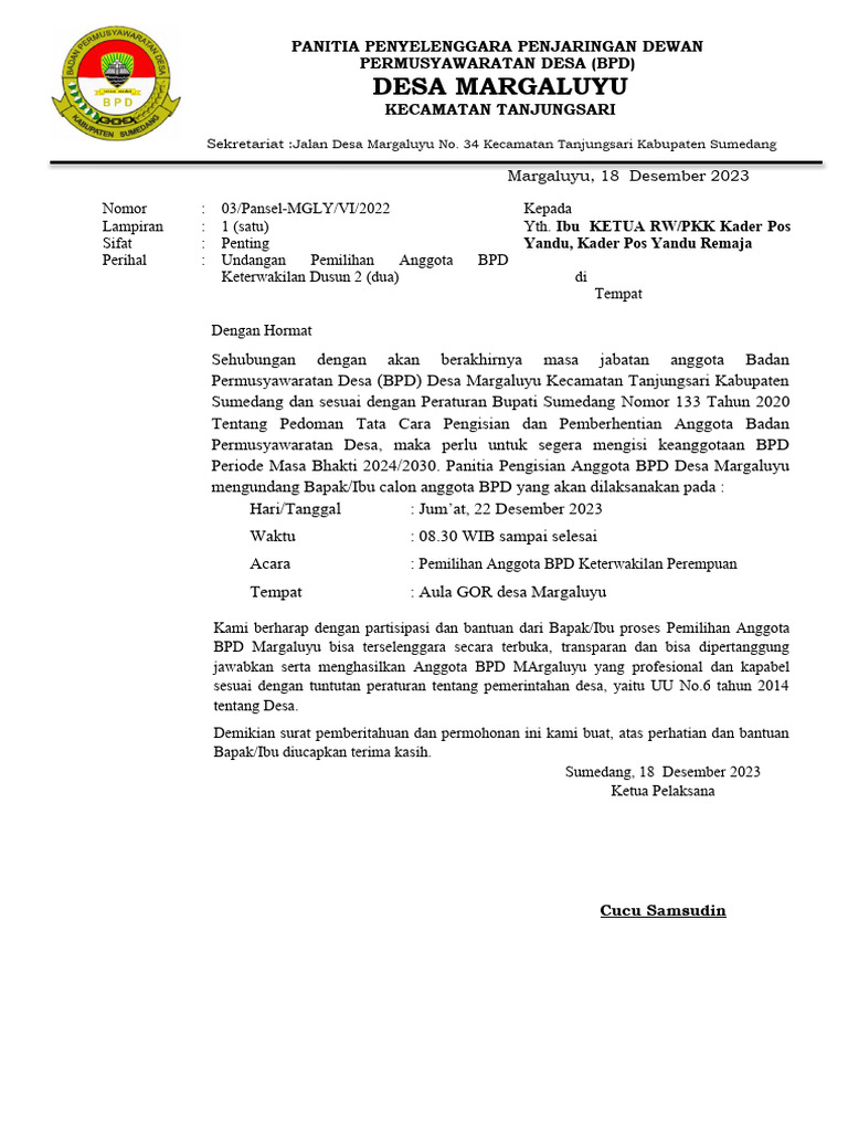 Undangan Pemilihan Anggota BPD Margaluyu | PDF