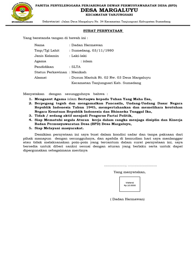 Formulir Lamaran Calon Anggta BPD 2023 | PDF