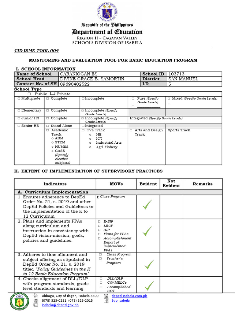 CID ISME FORM 004 Monitoring and Evaluation Tool For Basic Education Program Final | PDF ...
