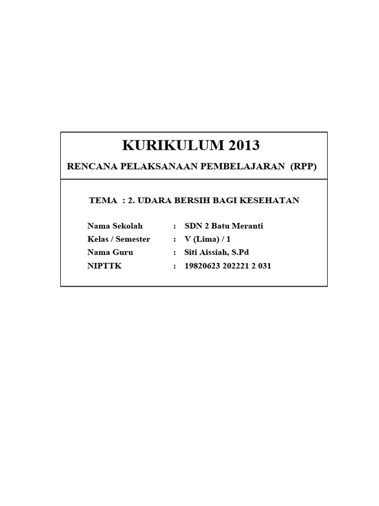 RPP SD KELAS 5 TEMA 2 - Udara Bersih Bagi Kesehatan | PDF