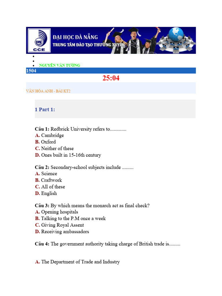 Đáp Án Văn Hóa Anh - Bài KT2 - Tuong | PDF | Parliament Of The United Kingdom | Monarchy Of The ...