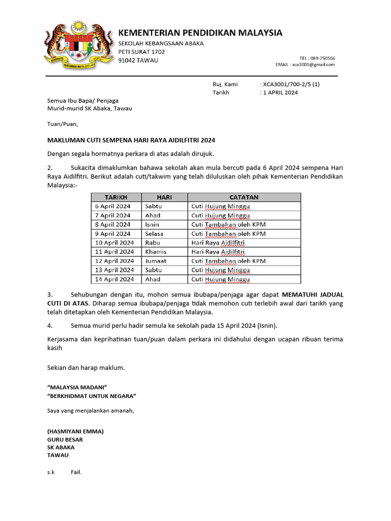 Surat Makluman Cuti Raya | PDF
