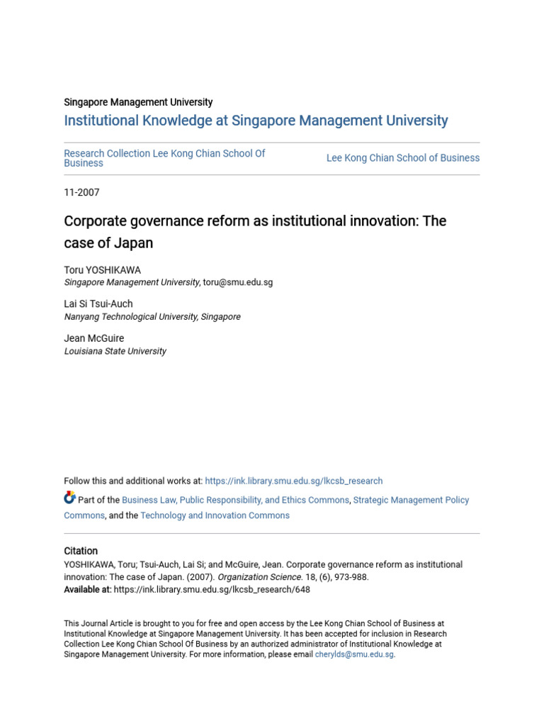Corporate Governance Reform As Institutional Innovation - The Case ...