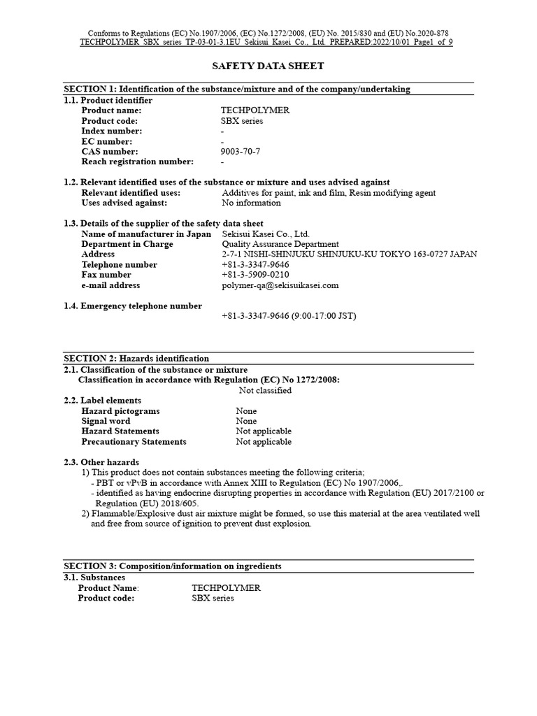 TECHPOLYMER SBX Series Safety Data Sheet | PDF | Personal Protective ...
