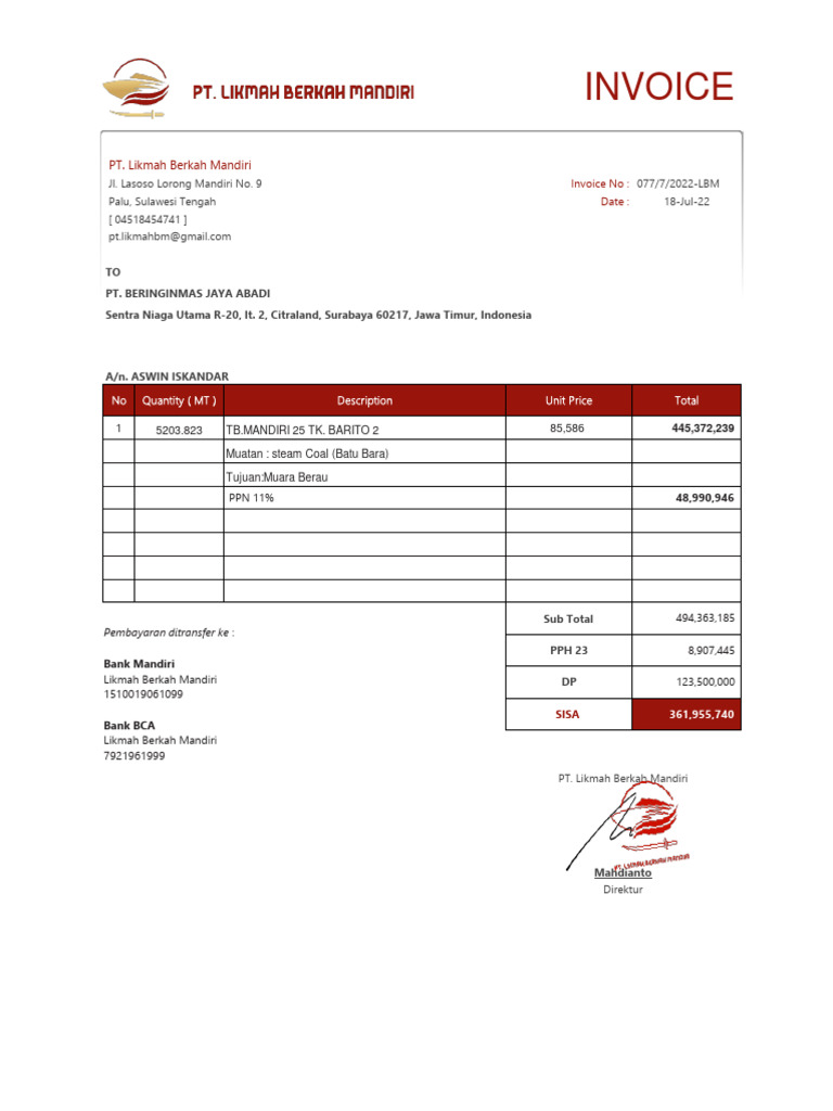 Contoh Invoice Pembayaran Batubara | PDF