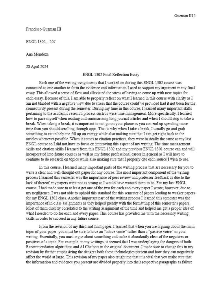 Final Reflection Paper | PDF | Essays | Peer Review