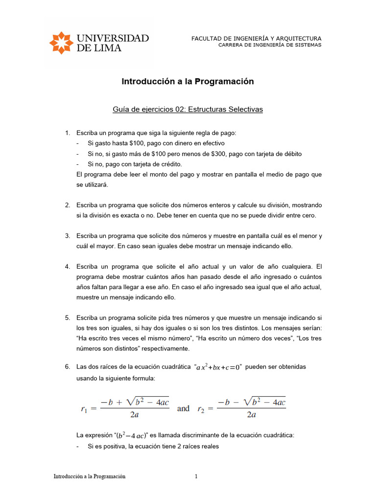 Guía de Ejercicios de Estructuras Selectivas | PDF | Ecuación cuadrática | Ecuaciones