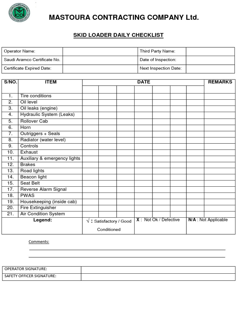 Skid Loader Daily Checklist | PDF | Technology & Engineering