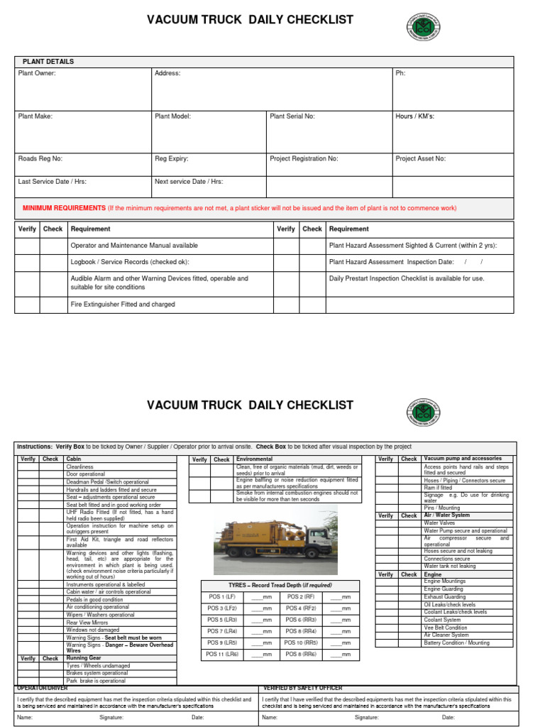 Vaccum Truck Checklist | PDF | Truck | Vehicles