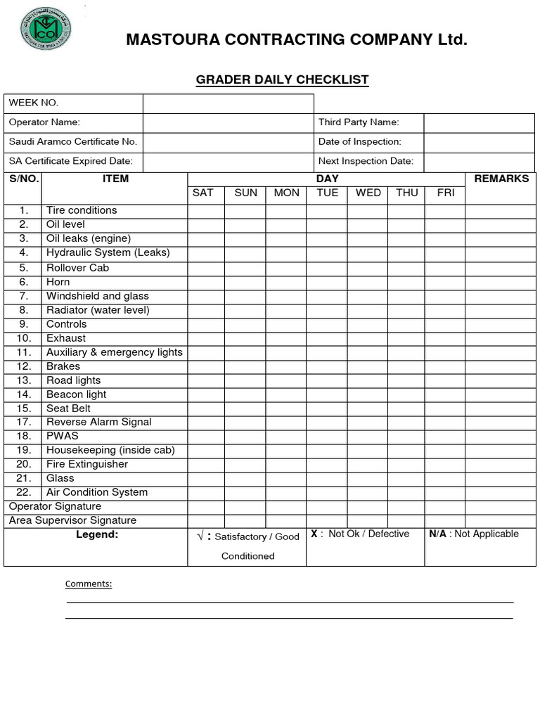 Grader Daily Checklist | PDF