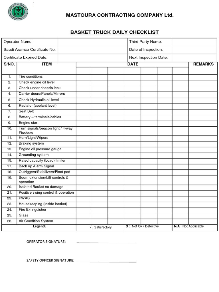 Basket Truck Daily Checklist | PDF