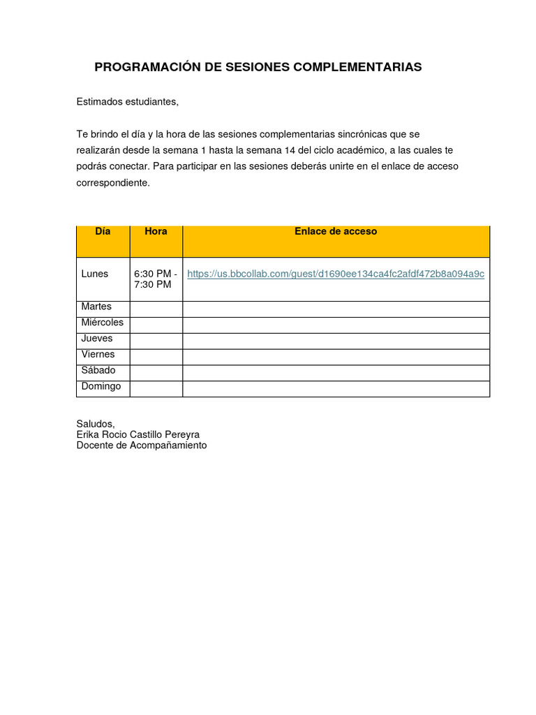 Formato - Programación de Sesiones Complementarias | PDF | Crecimiento personal y profesional