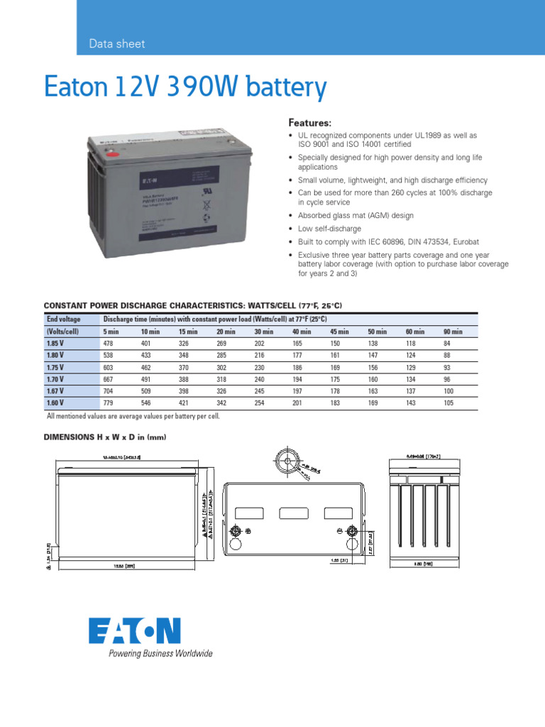 Eaton 12V 390W AGM Battery Specs | PDF | Electricity | Electrical ...