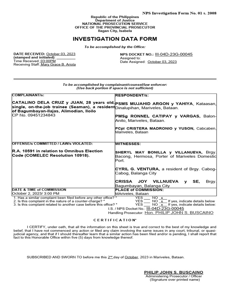Investigation Data Form (IDF) | Download Free PDF | Prosecutor | Public Law