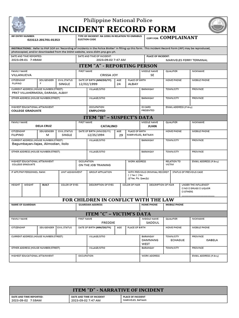 Incident Record Form Sample: PNP IRF | PDF | Law Enforcement | Crime ...