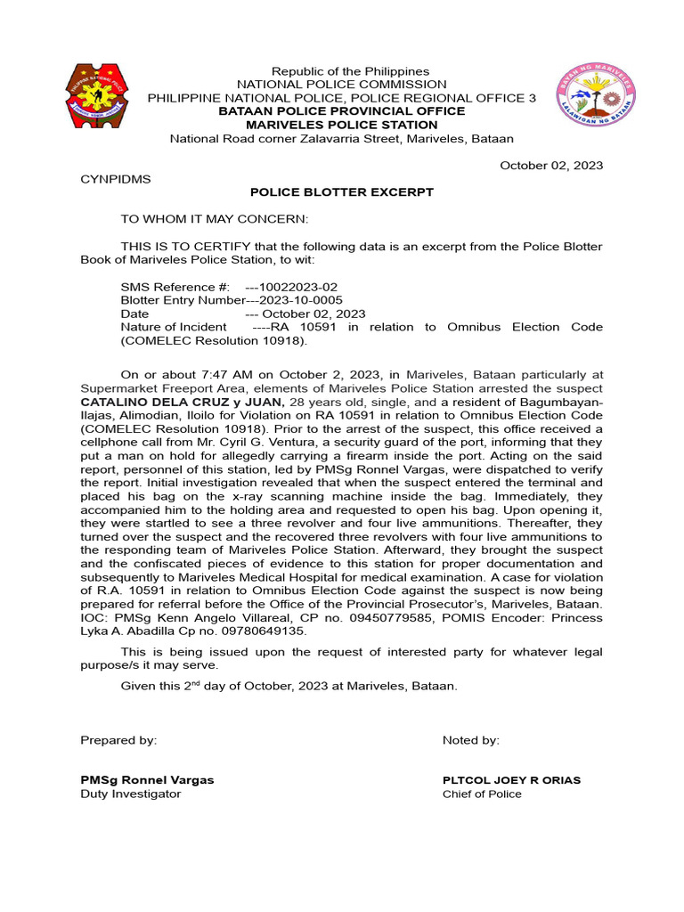 3.1 Police Blotter Excerpt | PDF | Law Enforcement | Crime & Violence