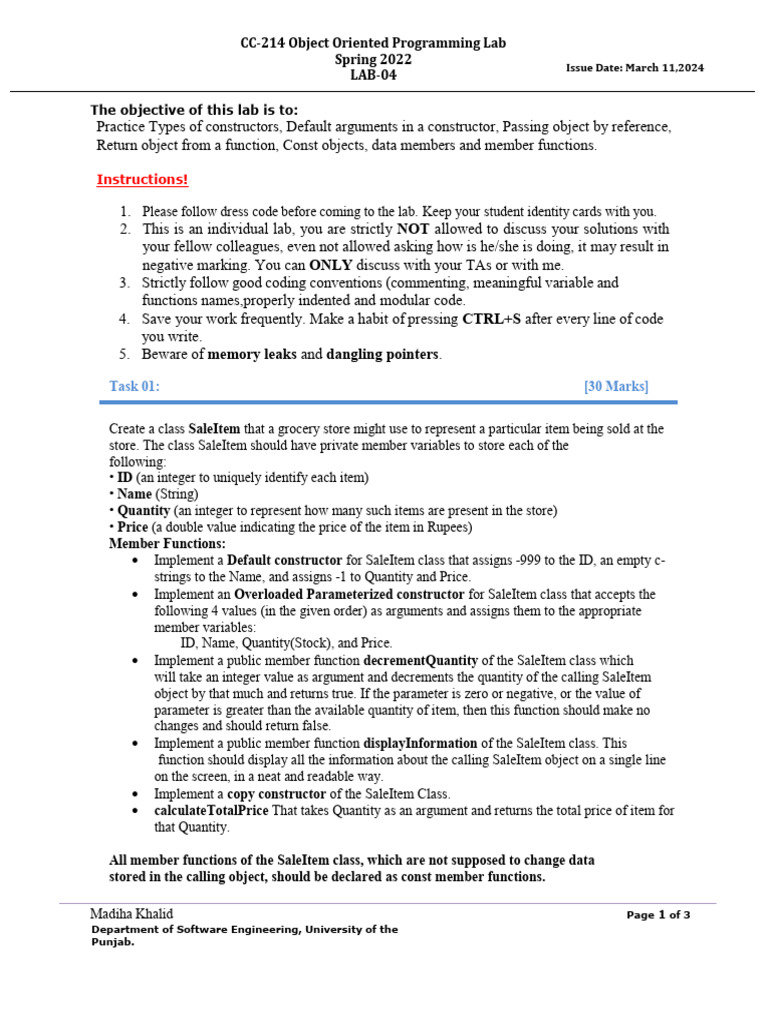 In Lab 04 Tasks | PDF | Programming | Constructor (Object Oriented Programming)
