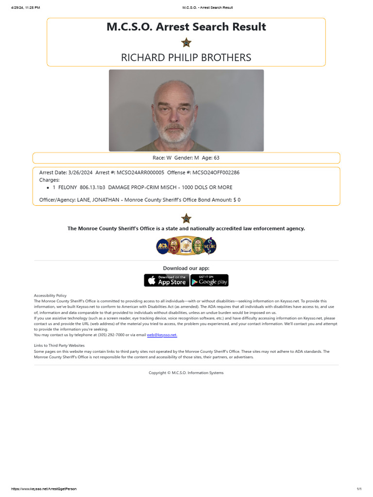 Monroe County Sheriff's Office - Arrest of RICHARD PHILIP BROTHERS ...