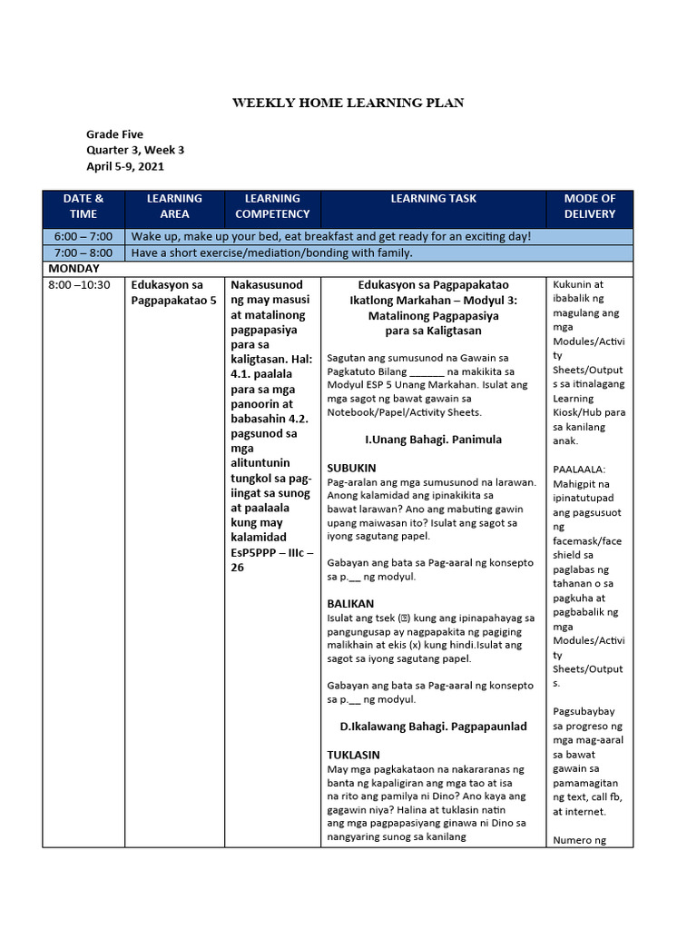 Weekly Home Learning Plan: Date & Time Learning Area Learning ...