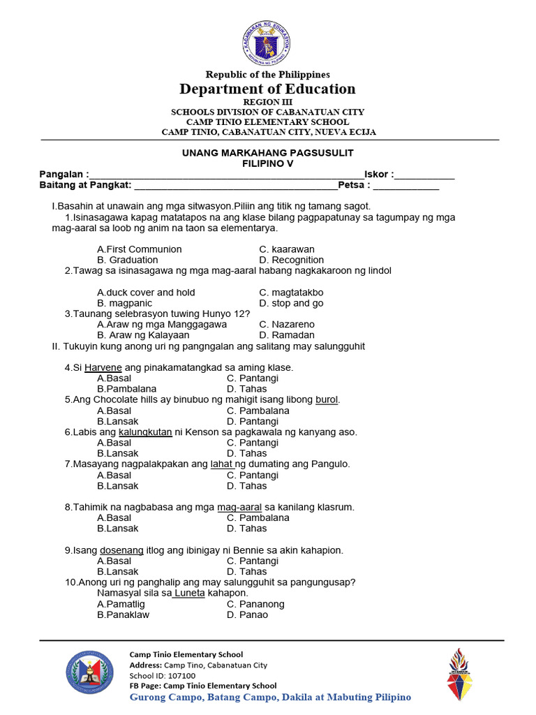 Filipino Exam1 | PDF