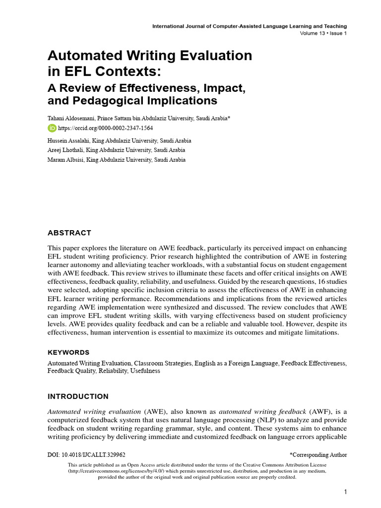 Automated Writing Evaluation in EFL Contexts - A Review of Effectiveness Impact and Pedagogical ...