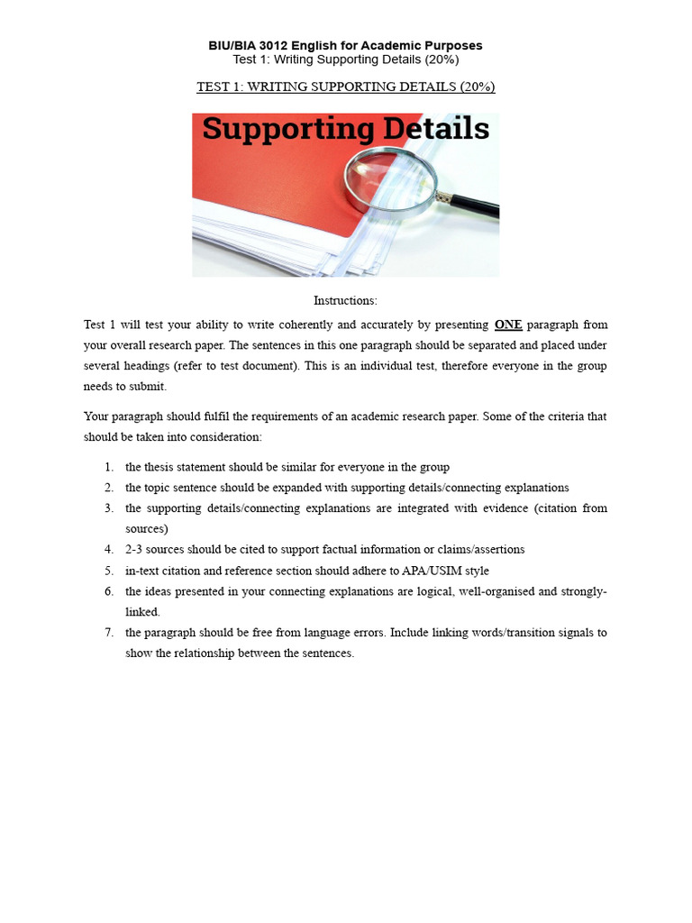 Test 1 - Writing Supporting Details Instruction | PDF | Human Communication