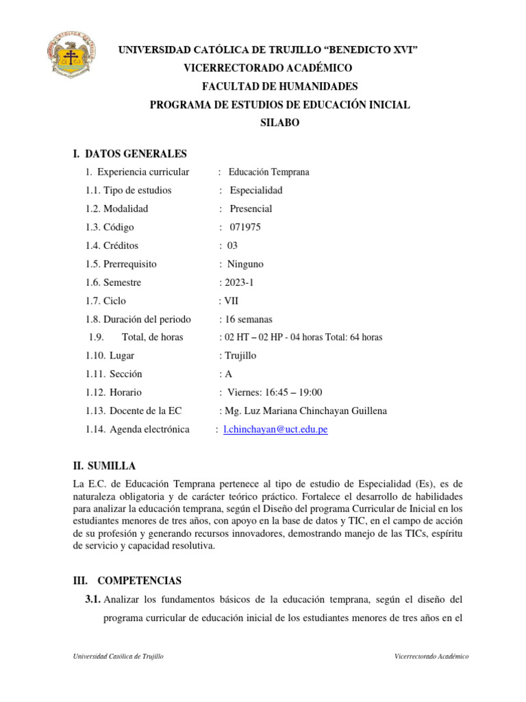 Silabo de Educación Temprana UCT | PDF | Salón de clases | Aprendizaje