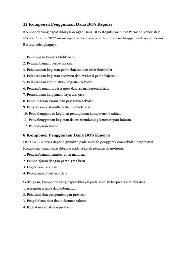 12 Komponen Penggunaan Dana BOS Reguler | PDF