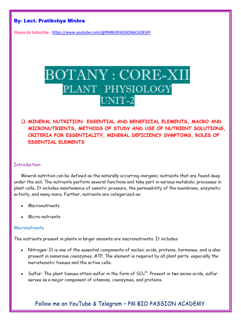 Botany - Core 12 - Plant Physiology Unit-2 Notes | PDF | Nutrients ...