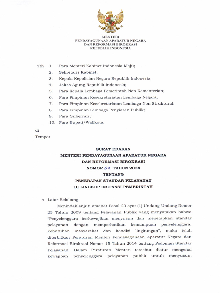 SE MenPANRB 02 Penerapan Standar Pelayanan 2024 | PDF