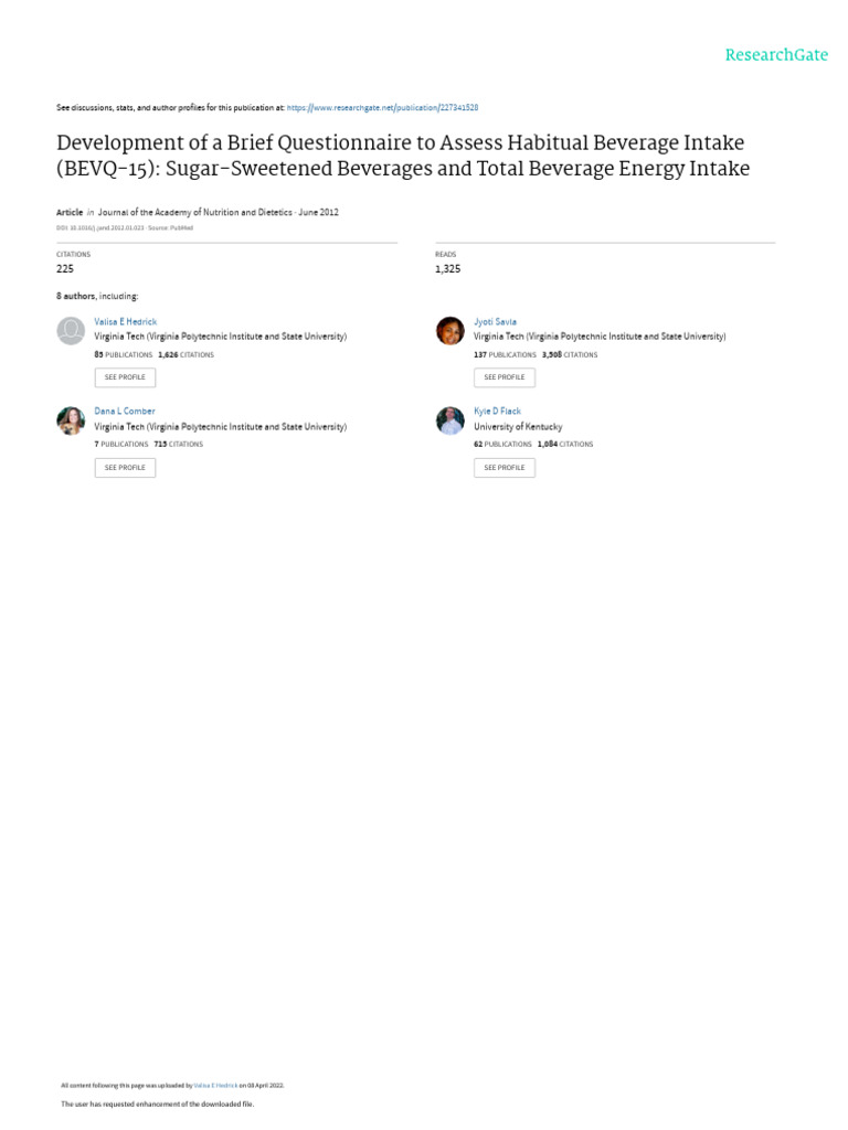 Development of A Brief Questionnaire To Assess Hab | PDF | Obesity | Drink