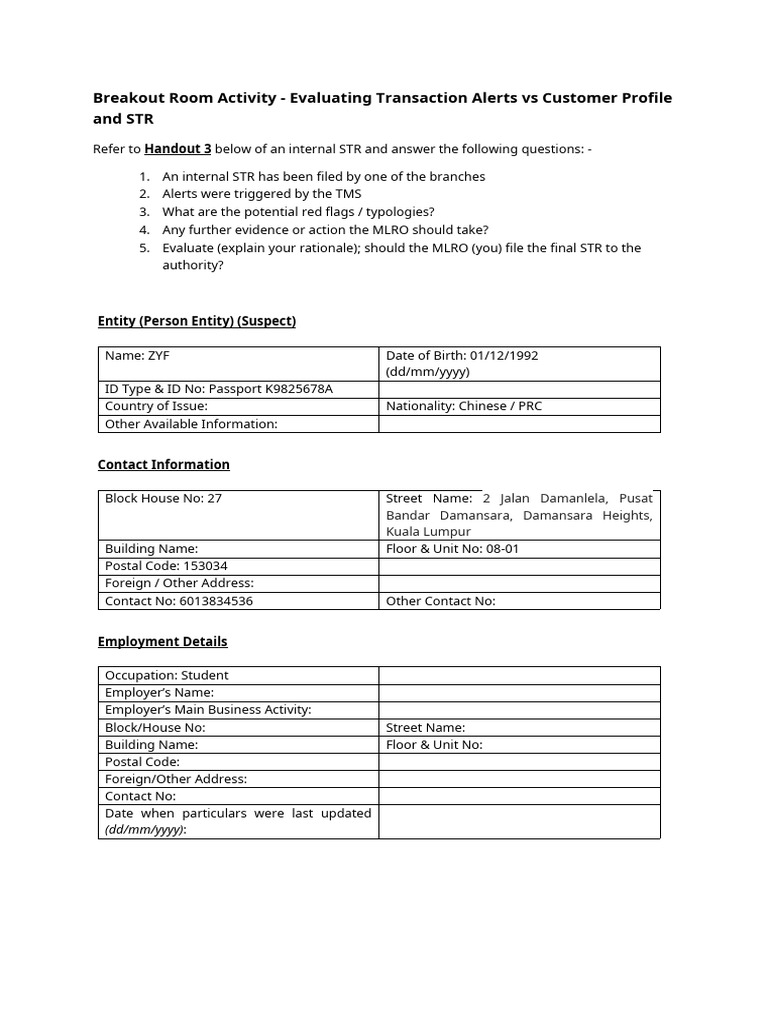 VILT3 - Evaluating Transaction Alerts Vs Customer Profile and STR ...